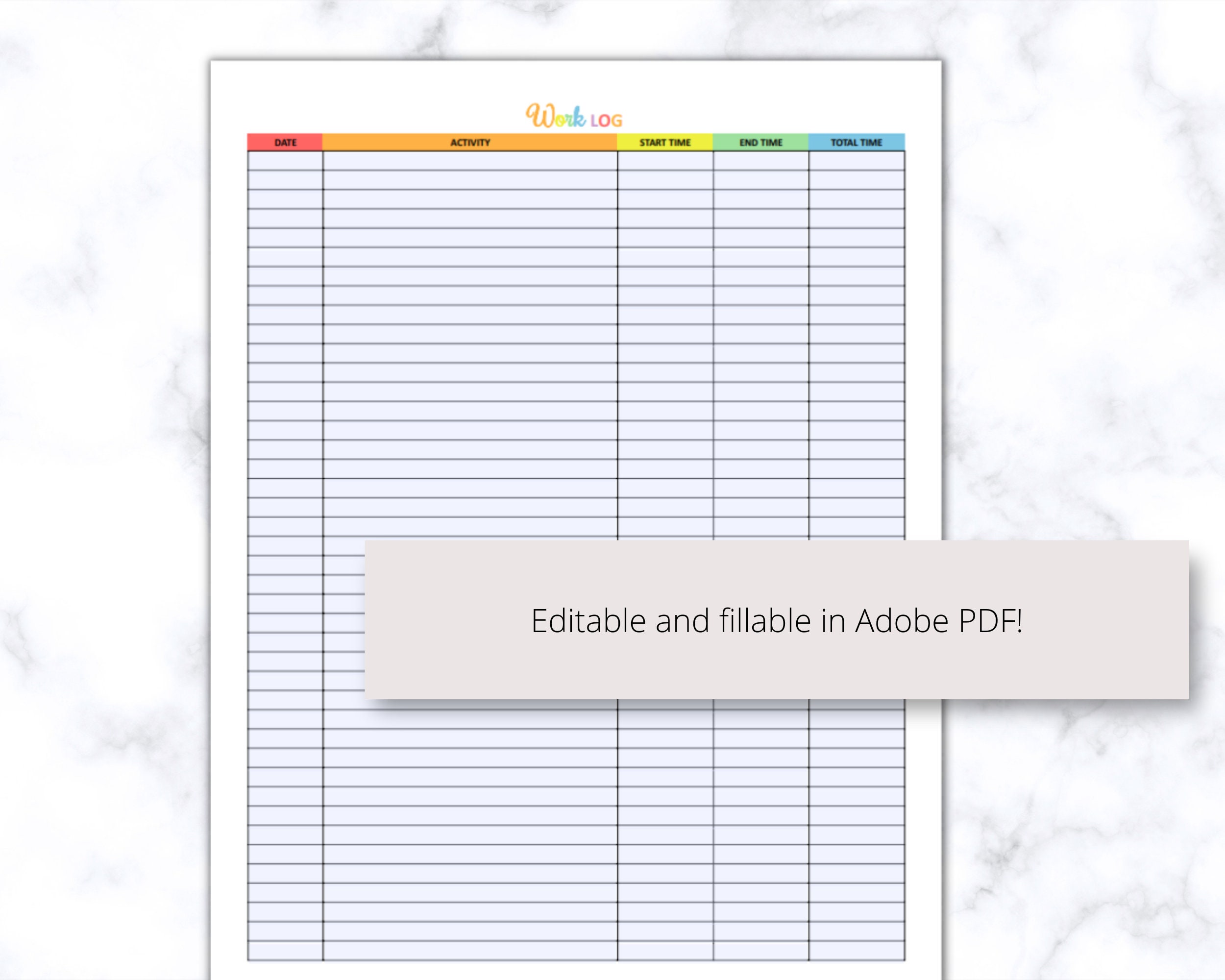 Multi-color Work Log Printable PDF Portrait, Task Time Tracker, Time ...