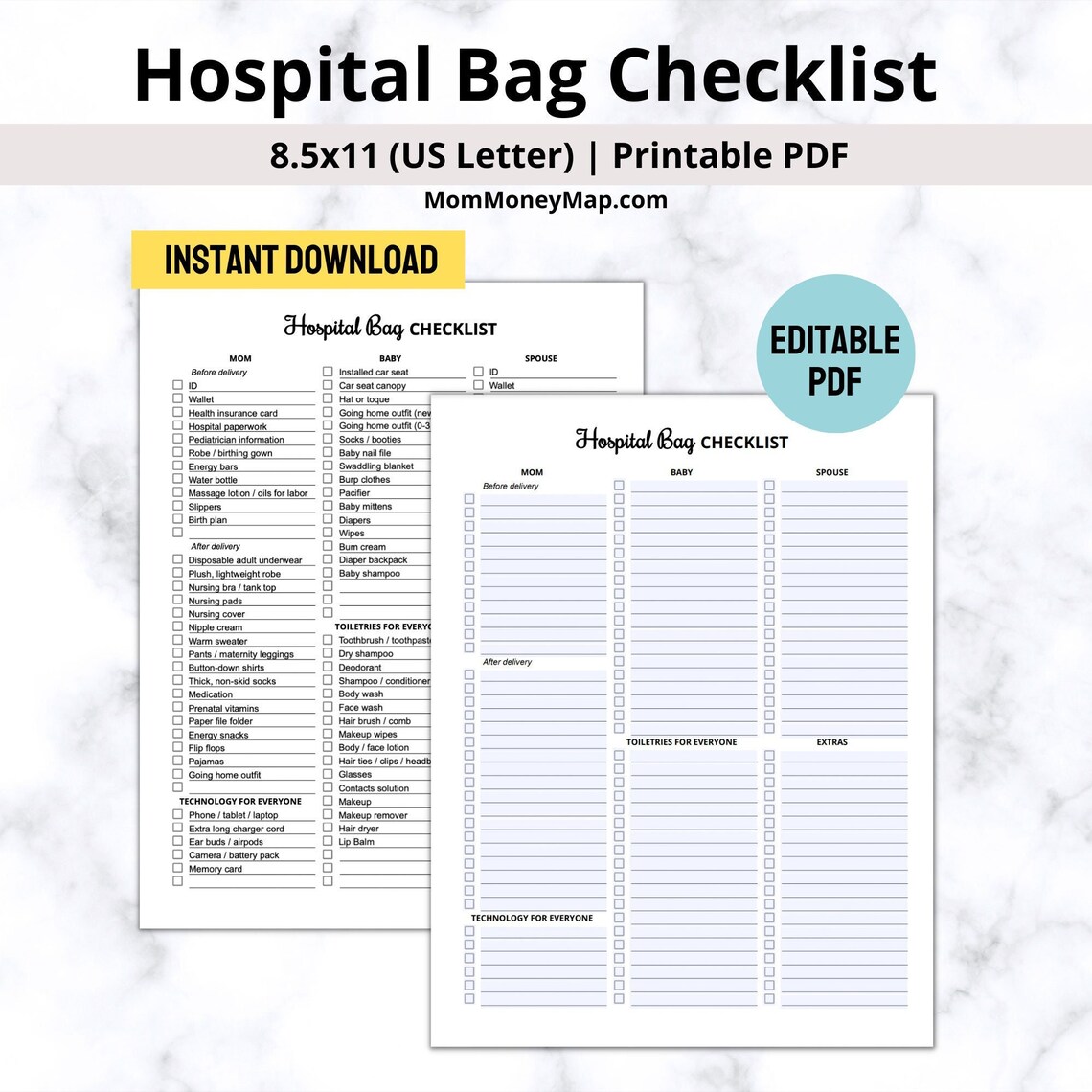 Hospital Bag Checklist Printable PDF, Hospital Bag Must Haves, Mom and ...
