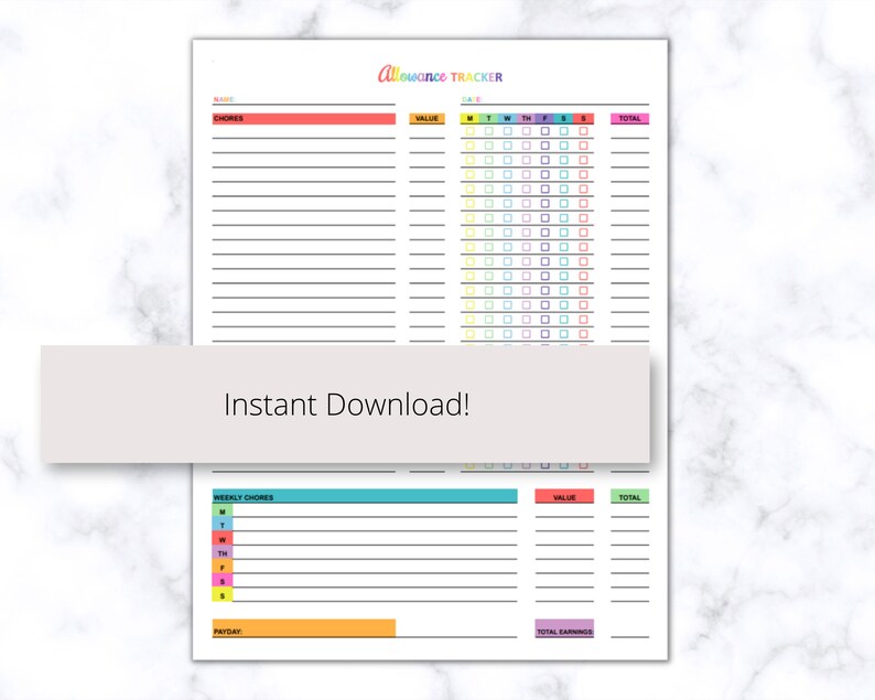 Multi-color Weekly Allowance Tracker Printable PDF, Allowance Tracker ...