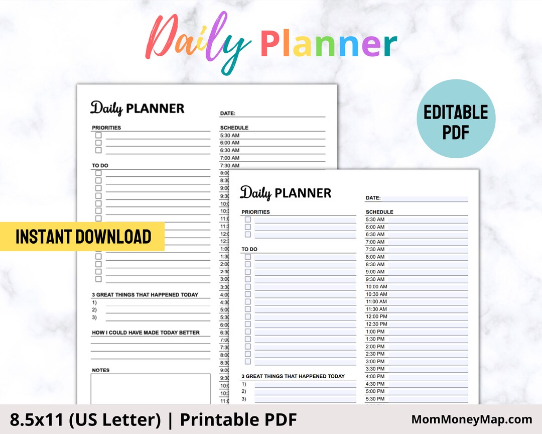Editable Daily Planner Printable PDF Daily Organizer - Etsy