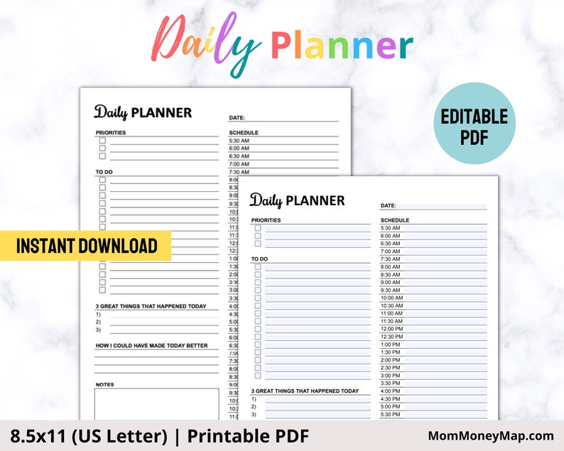 Editable Daily Planner Printable PDF Daily Organizer - Etsy