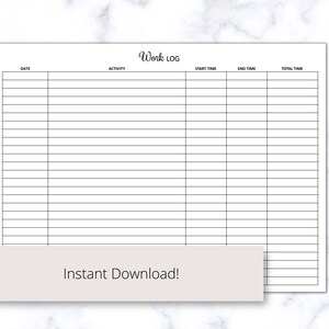 Work Log Landscape Printable PDF, Task Time Tracker, Time Log Printable ...