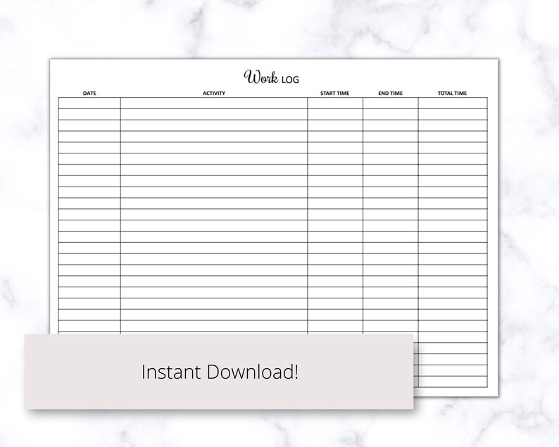 Work Log Landscape Printable PDF, Task Time Tracker, Time Log Printable ...