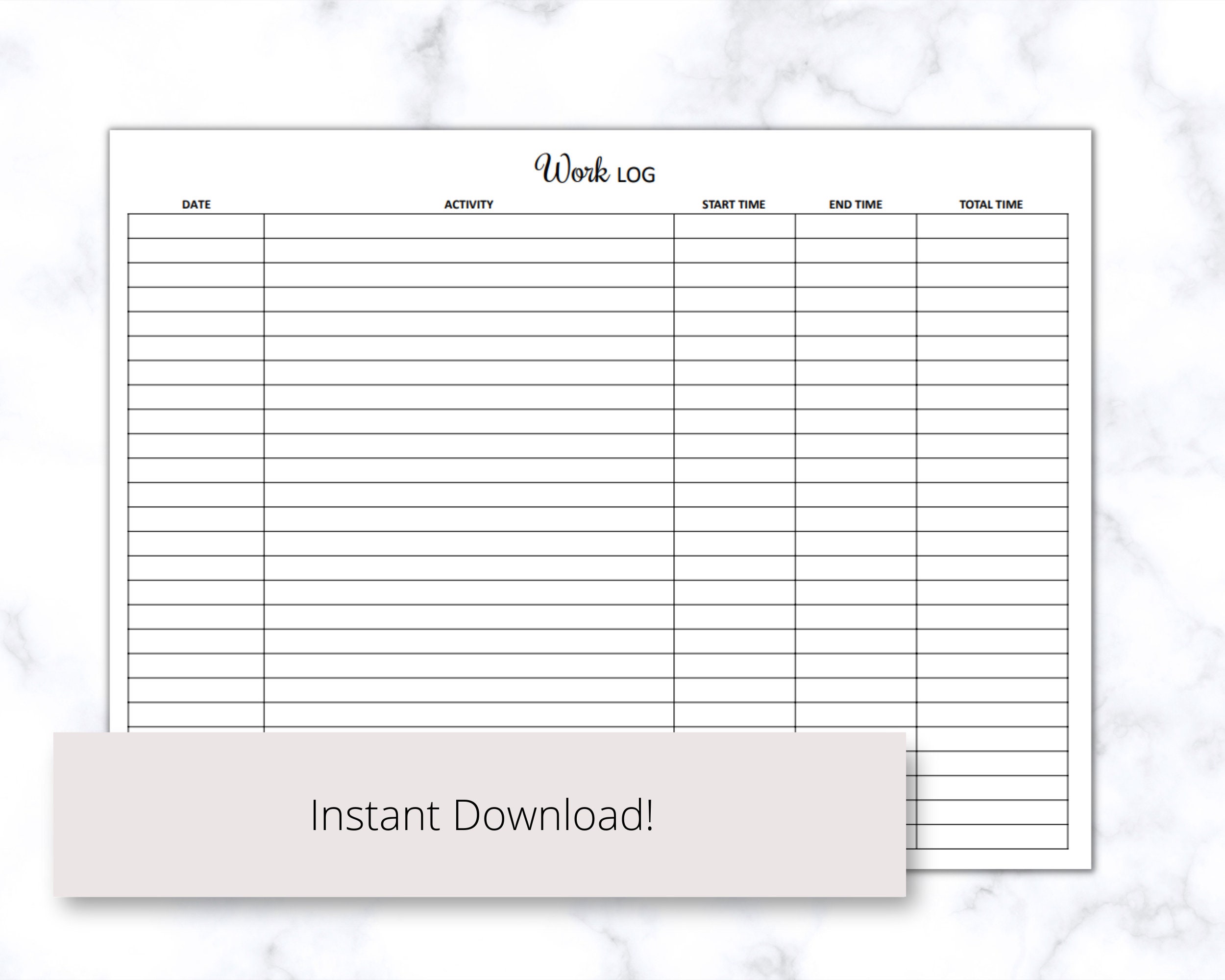 Work Log Landscape Printable PDF, Task Time Tracker, Time Log Printable ...