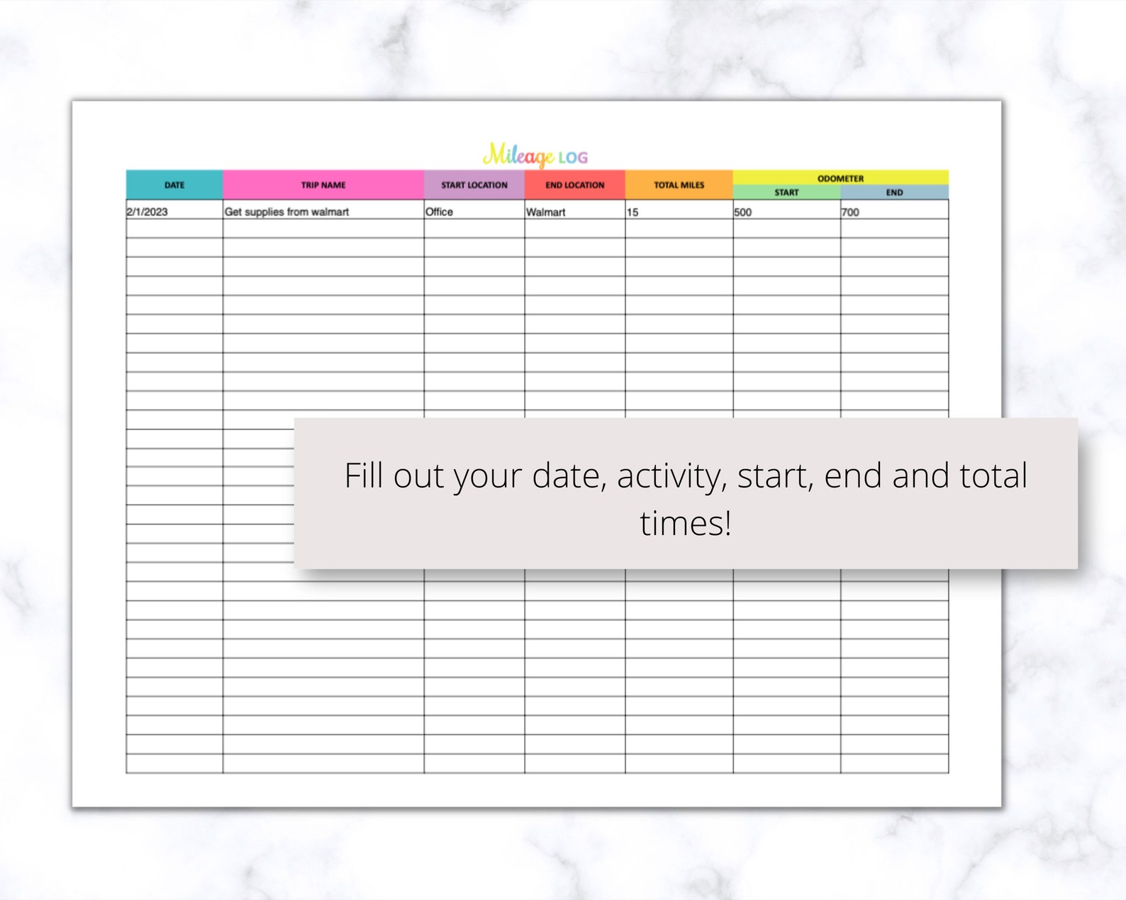Multi-color Mileage Log Printable PDF, Odometer Tracker, Trip Log ...
