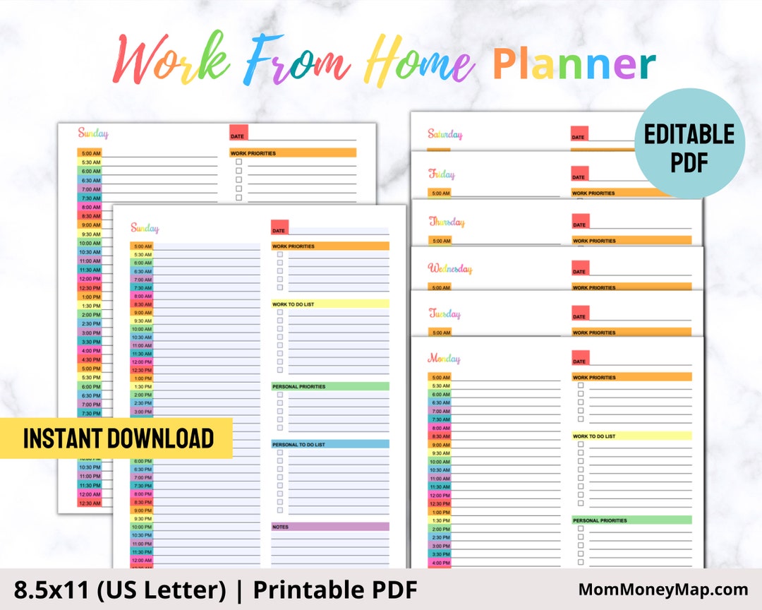 Multi-color Work From Home Planner Printable PDF Remote Work - Etsy