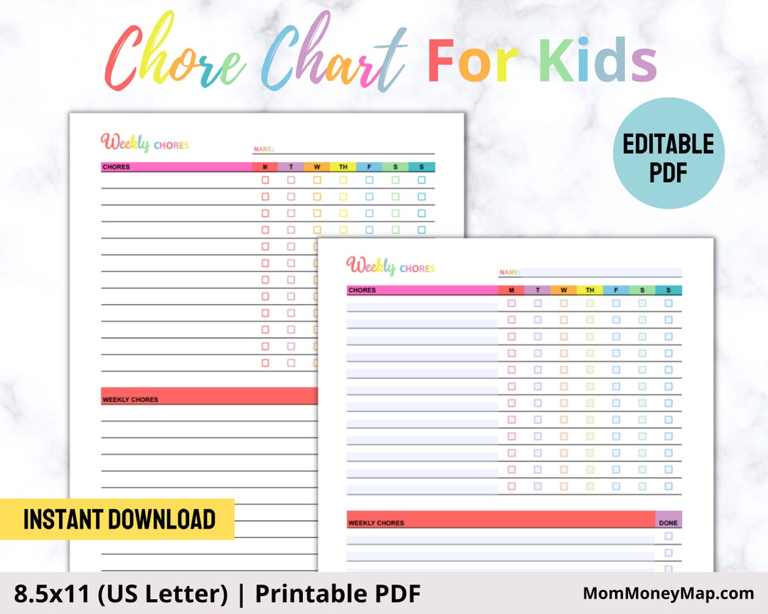 Multi-color Kids Chore Chart Printable PDF Kids Daily Tasks - Etsy