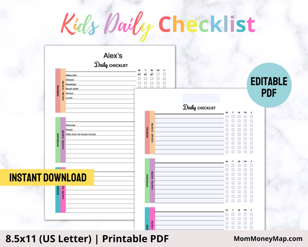 Kids Daily Checklist Printable PDF Children's Daily - Etsy