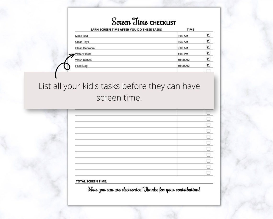 Screen Time Checklist Printable PDF, Screen Time Chore Chart, Editable ...