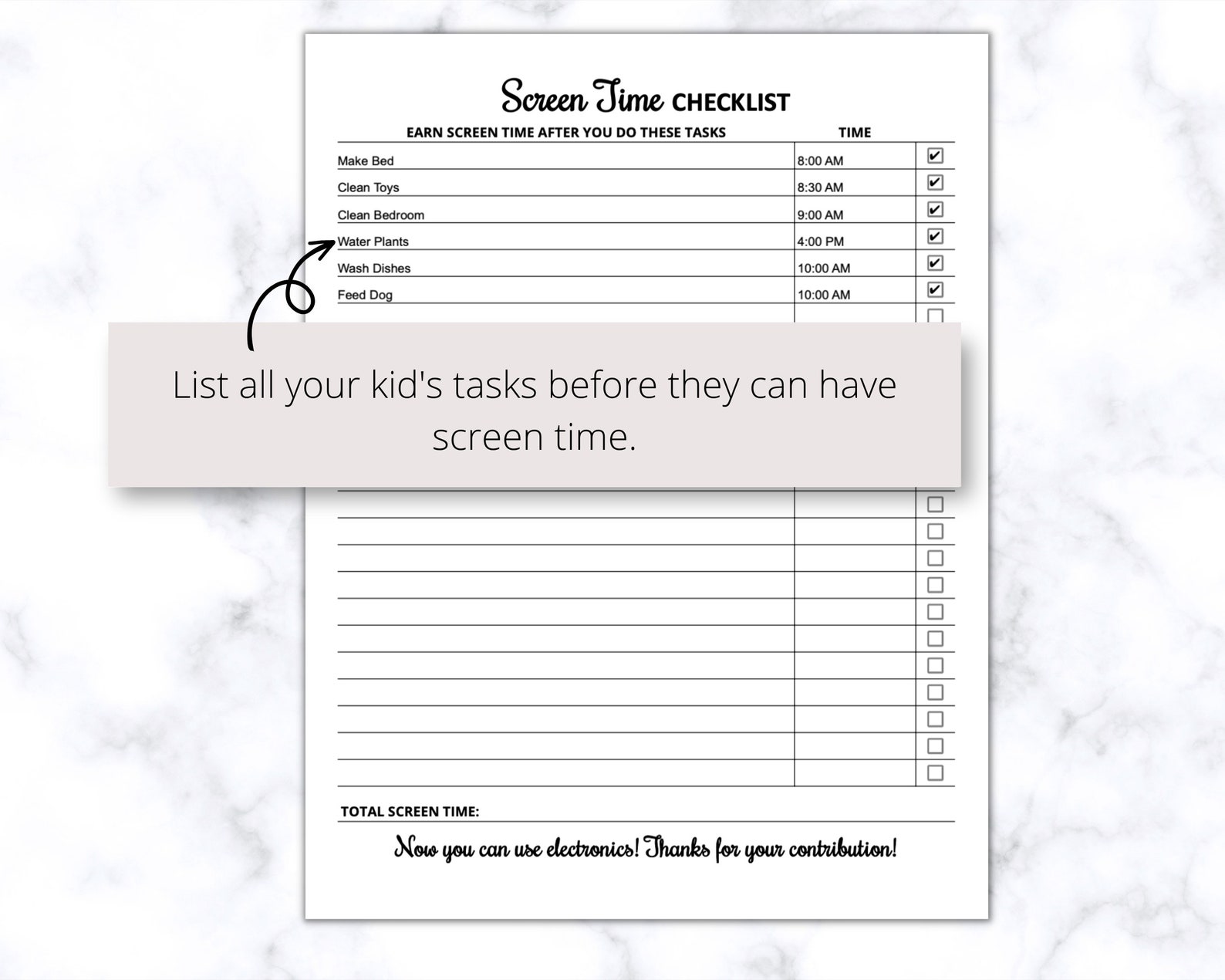 Screen Time Checklist Printable PDF, Screen Time Chore Chart, Editable ...