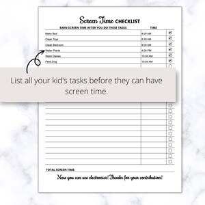 Screen Time Checklist Printable PDF, Screen Time Chore Chart, Editable Screen Time Chart, Screen ...