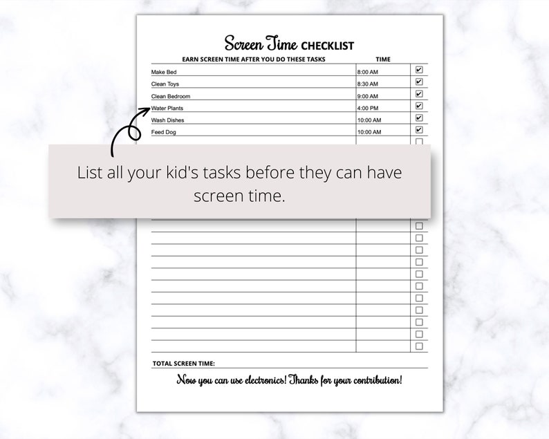 Screen Time Checklist Printable PDF, Screen Time Chore Chart, Editable ...