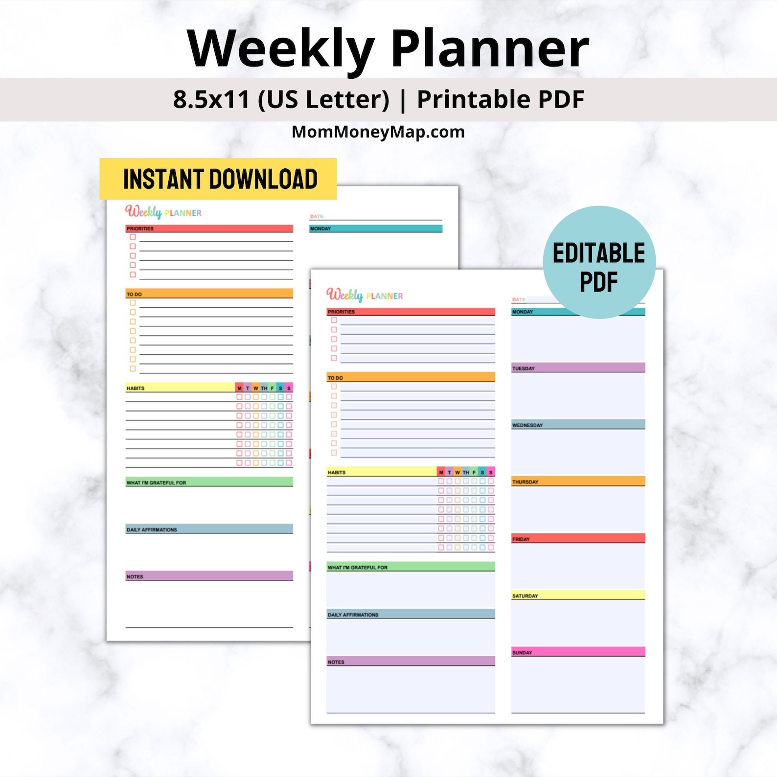 Multi-color Weekly Planner Printable PDF, Week Organizer, Productivity ...