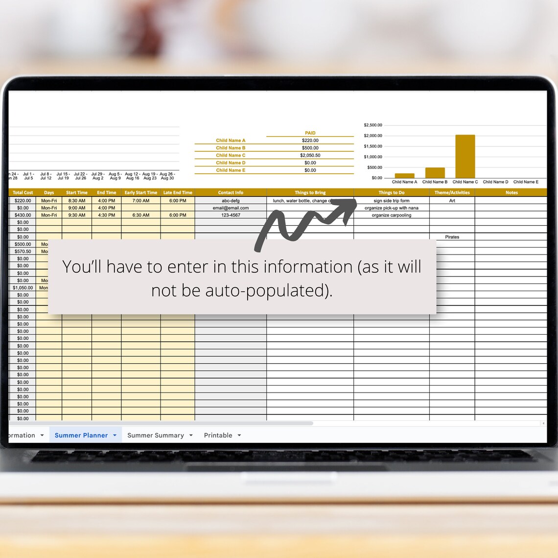 Summer Camp Planner Google Sheets Spreadsheet (14 Weeks), Summer Camp ...