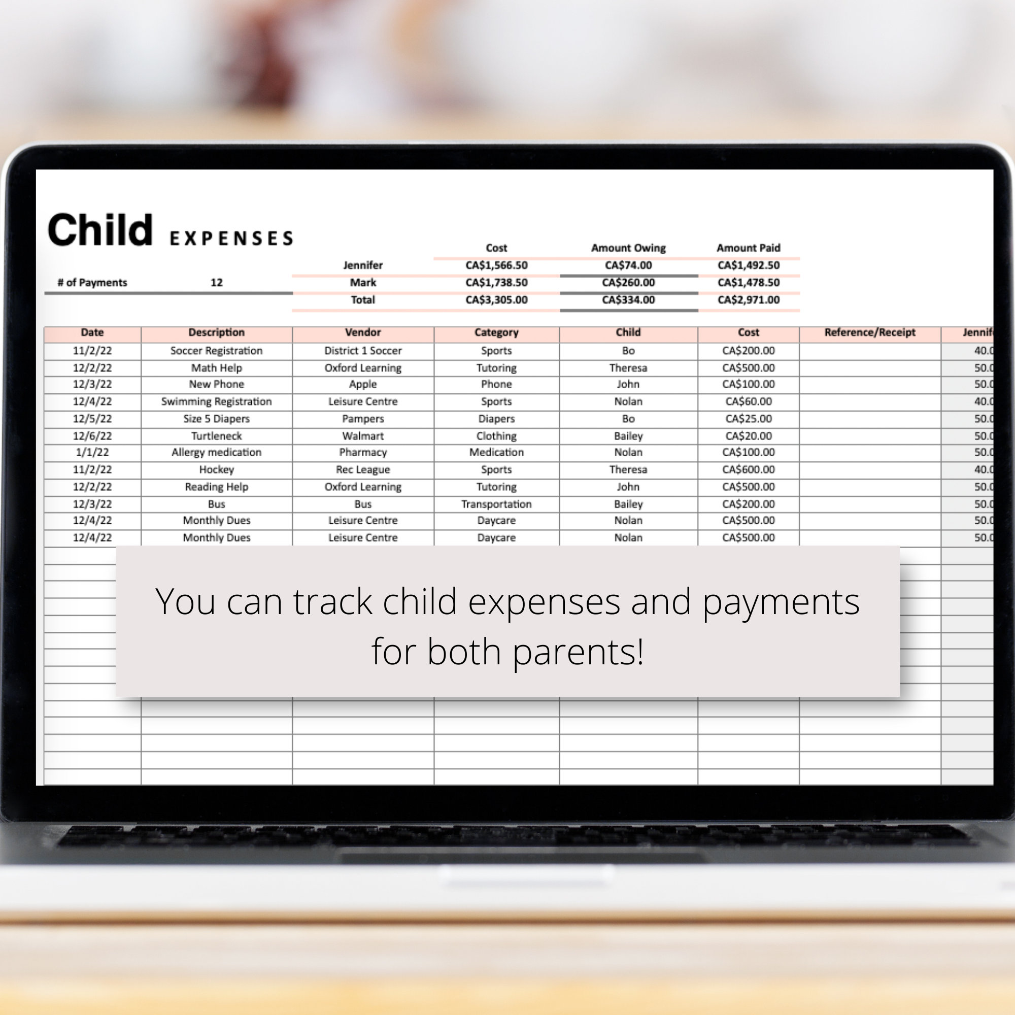 Child Support Tracker Apple Numbers, Child Custody Planner, Child ...
