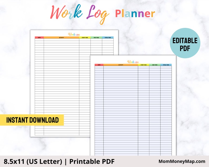 Multi-color Work Log Printable PDF Portrait Task Time - Etsy