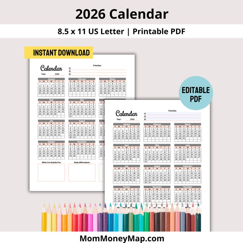 2026 Calendar Printable PDF in Color, Year at A Glance PDF, 2026 ...