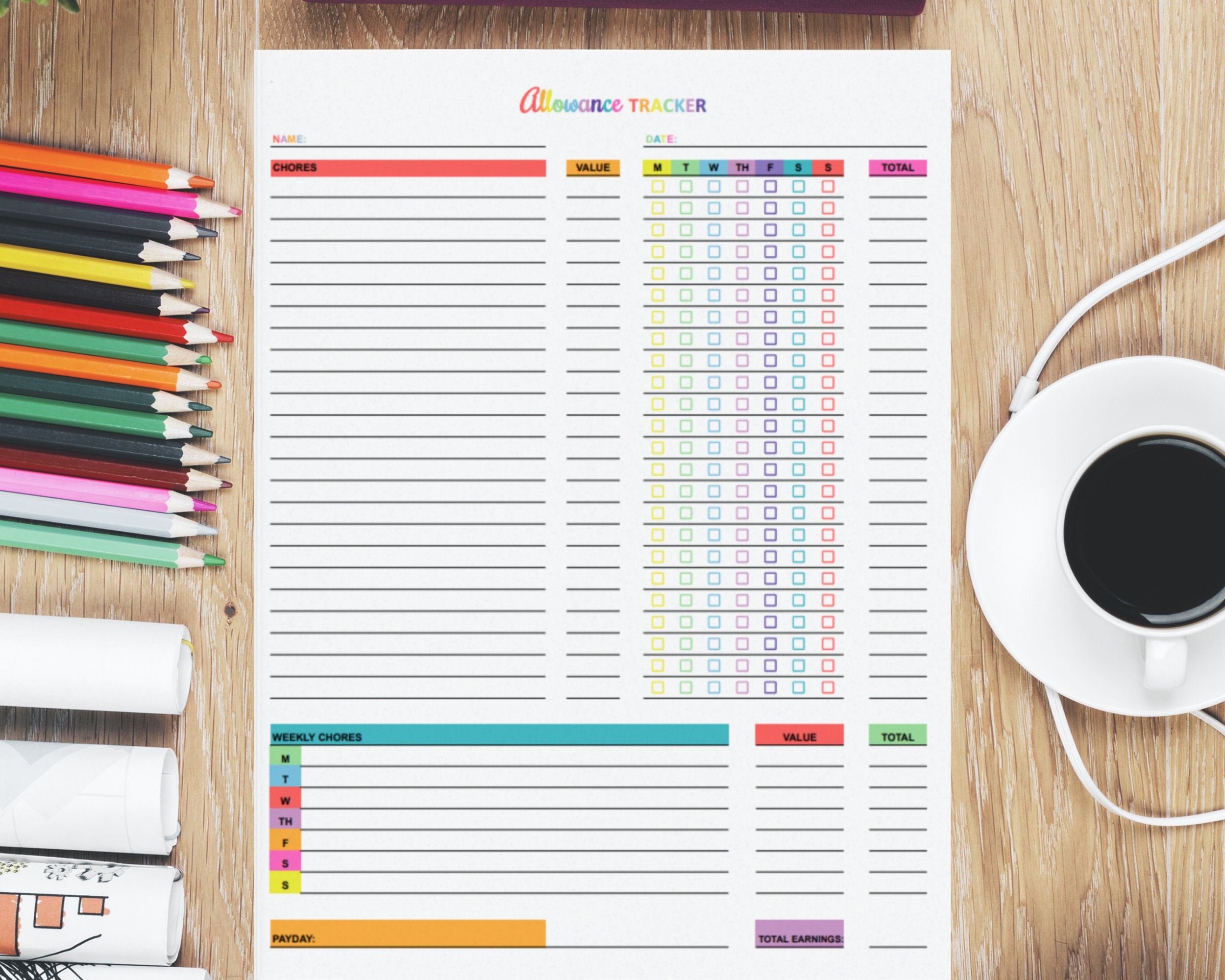 Multi-color Weekly Allowance Tracker Printable PDF, Allowance Tracker ...