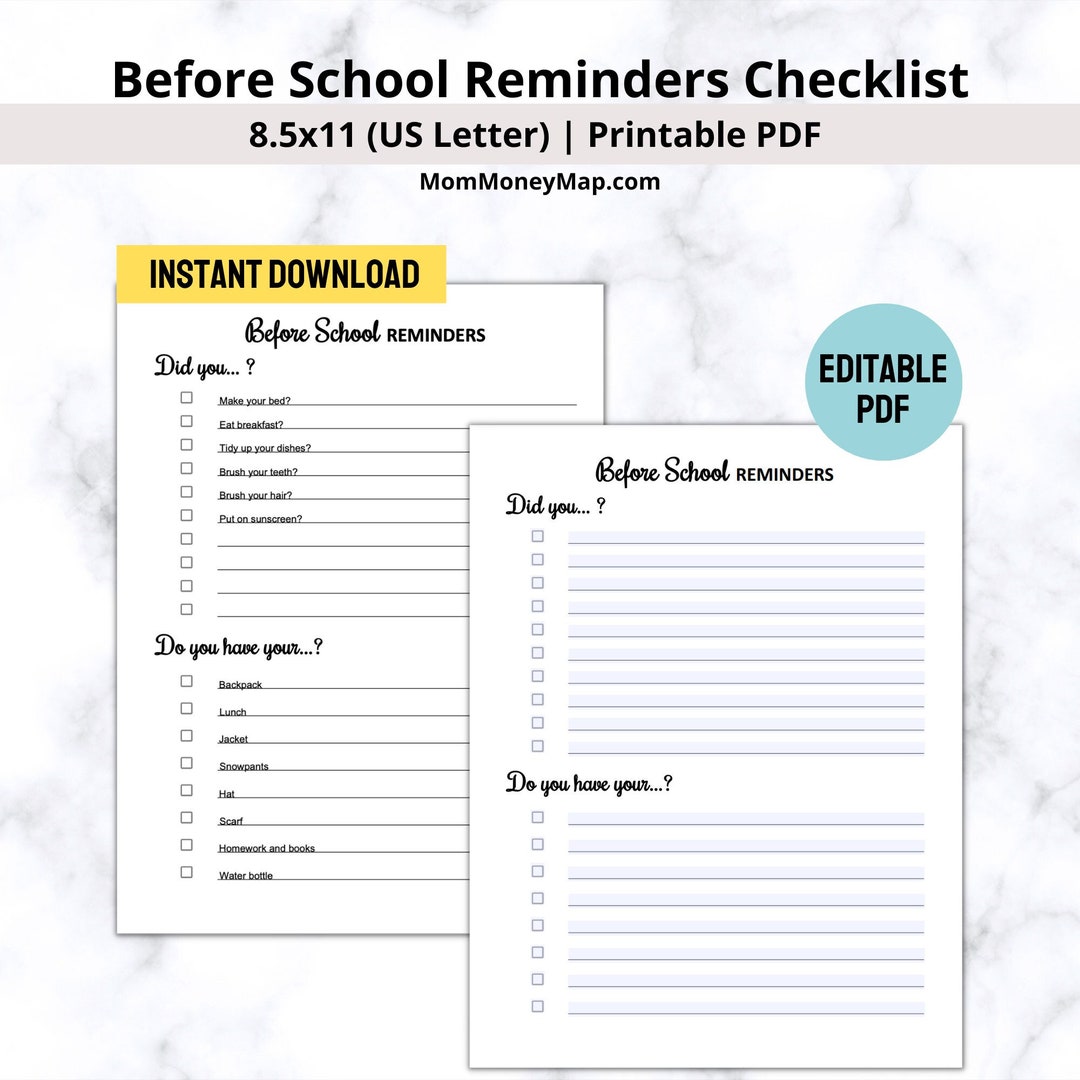 Before School Reminders Checklist PDF, Getting Ready for School ...