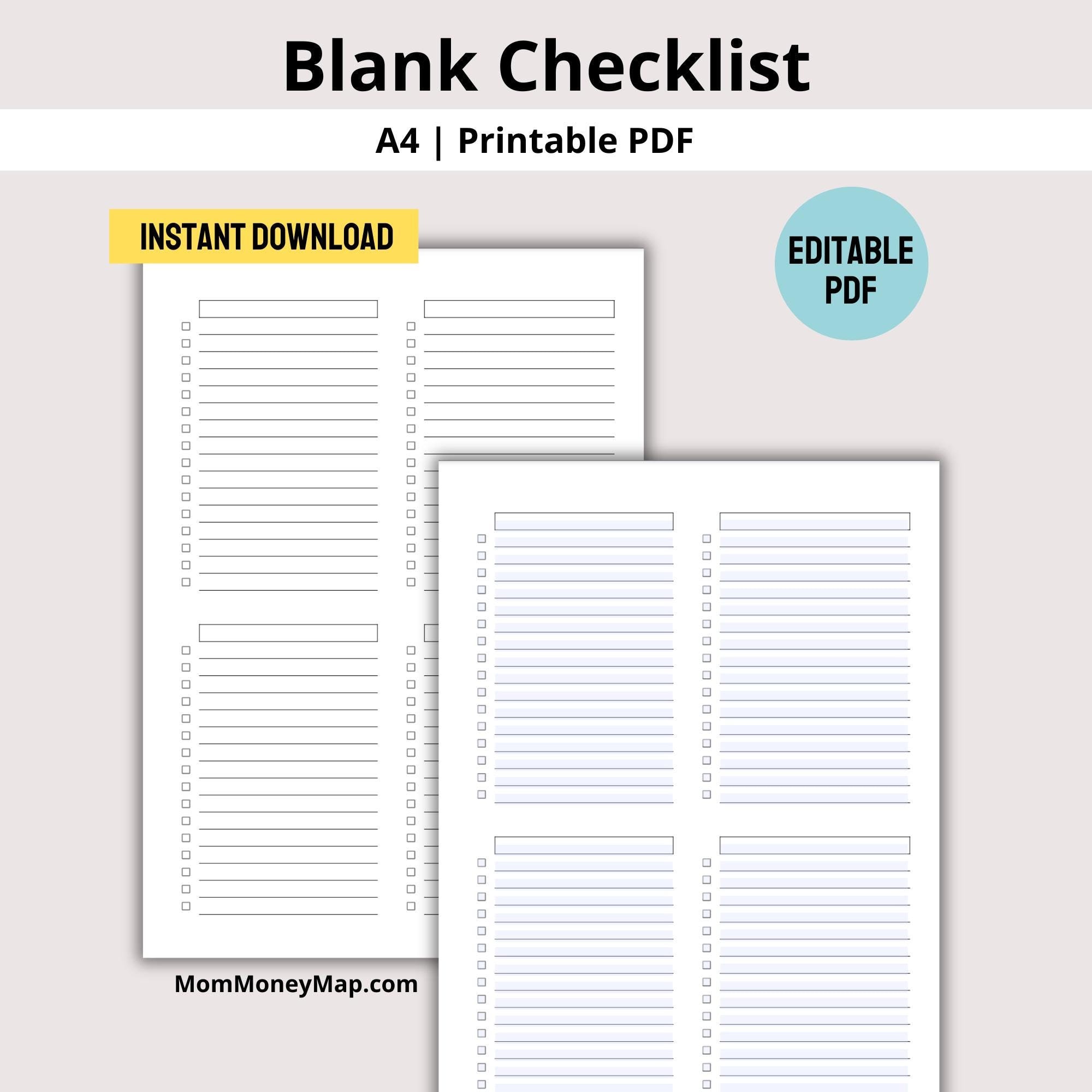 Blank Checklist Printable PDF A4, Blank to Do List PDF A4, Minimalist ...