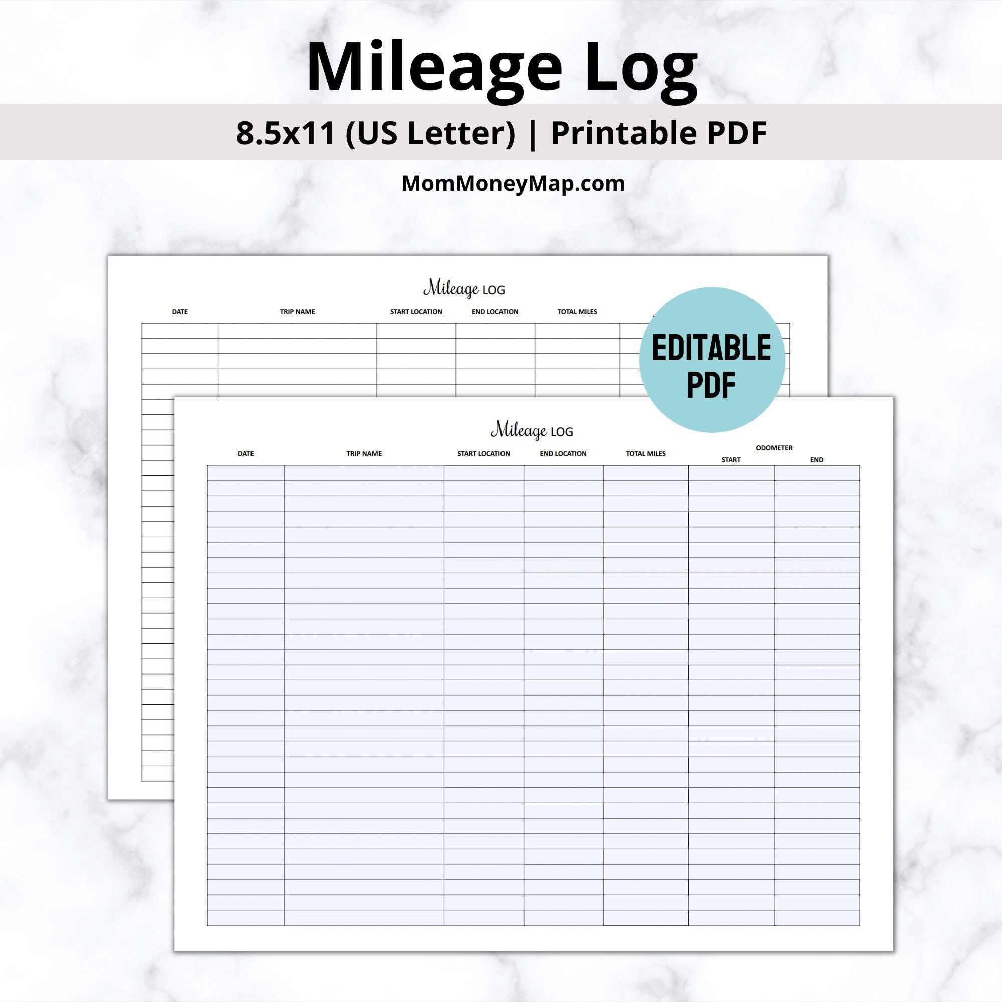 Mileage Log Printable PDF, Odometer Tracker, Trip Log, Simple Mileage ...