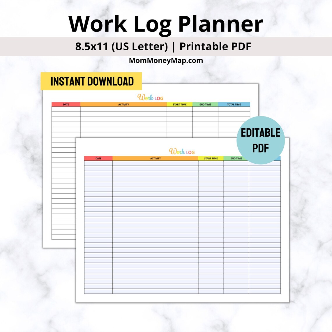 Multi-color Work Log Printable PDF Landscape, Task Time Tracker, Time ...