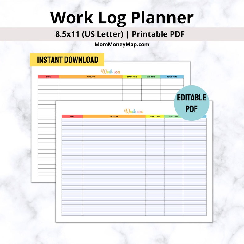 Multi-color Work Log Printable PDF Landscape, Task Time Tracker, Time ...