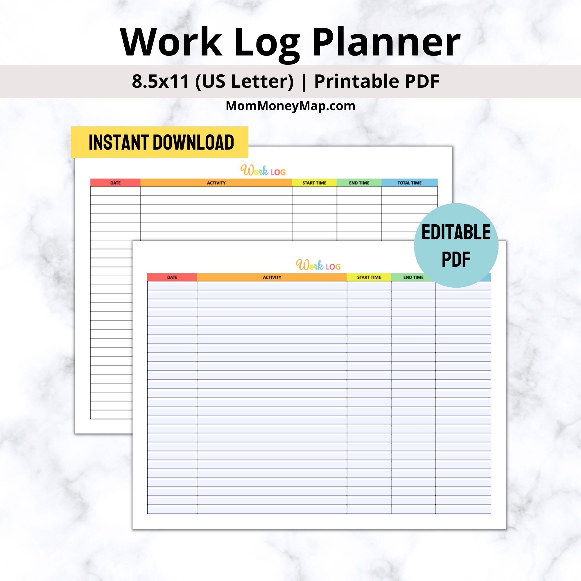 Multi-color Work Log Printable PDF Landscape, Task Time Tracker, Time ...