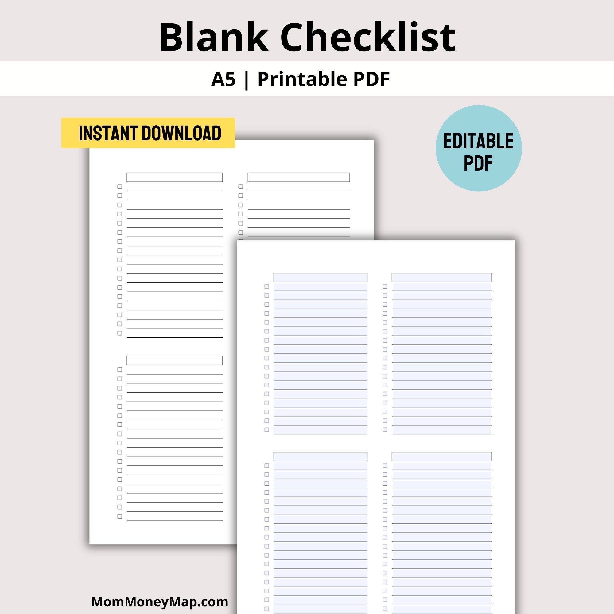 Blank Checklist Printable PDF A5, Blank to Do List PDF A5, Minimalist ...