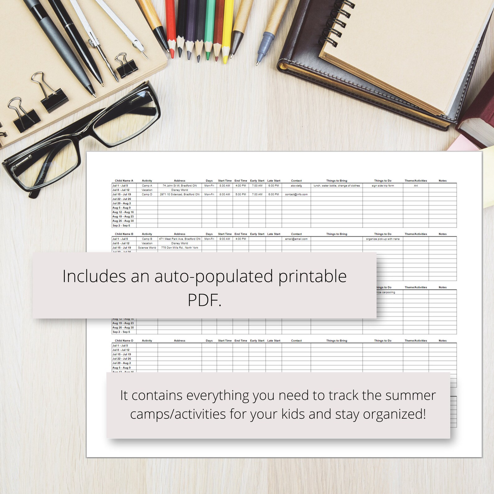 Summer Camp Planner Google Sheets Spreadsheet (14 Weeks), Summer Camp ...