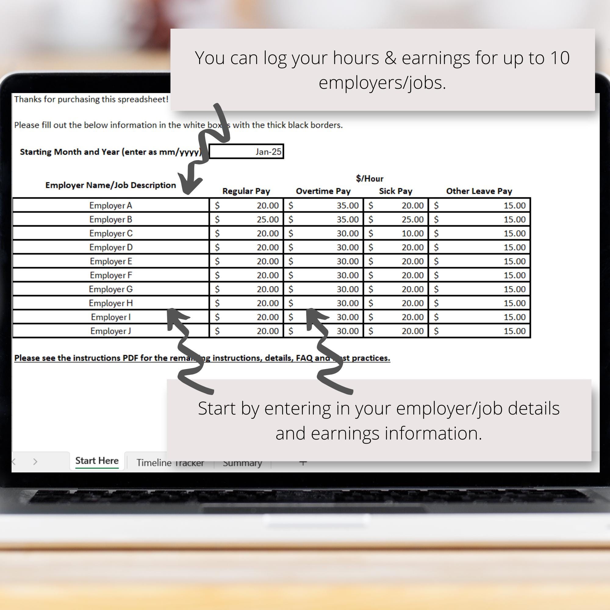 Timesheet Tracker Excel Spreadsheet With Monthly and Annual Summaries ...