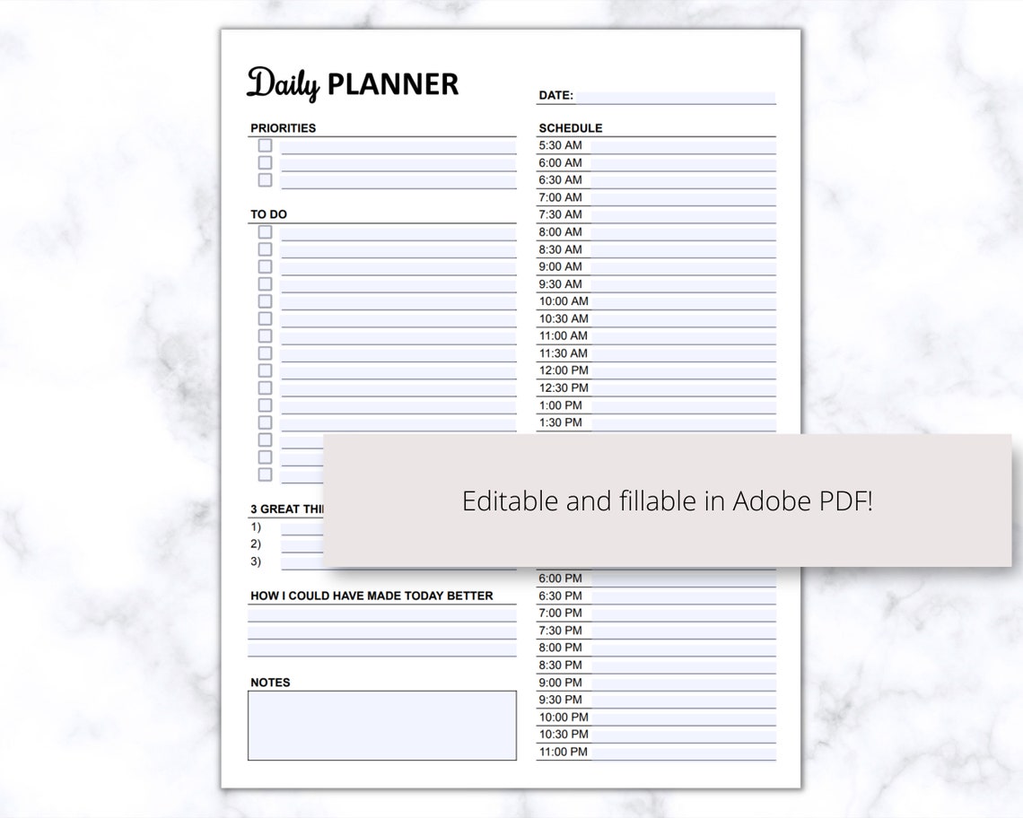 Editable Daily Planner Printable PDF, Daily Organizer, Productivity ...