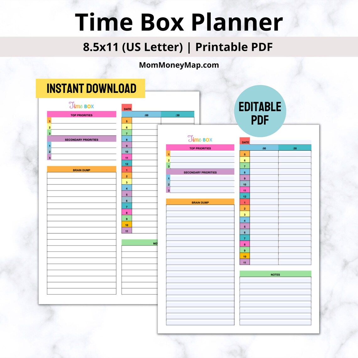 Multi-color Time Box Planner Printable PDF Daily Time - Etsy