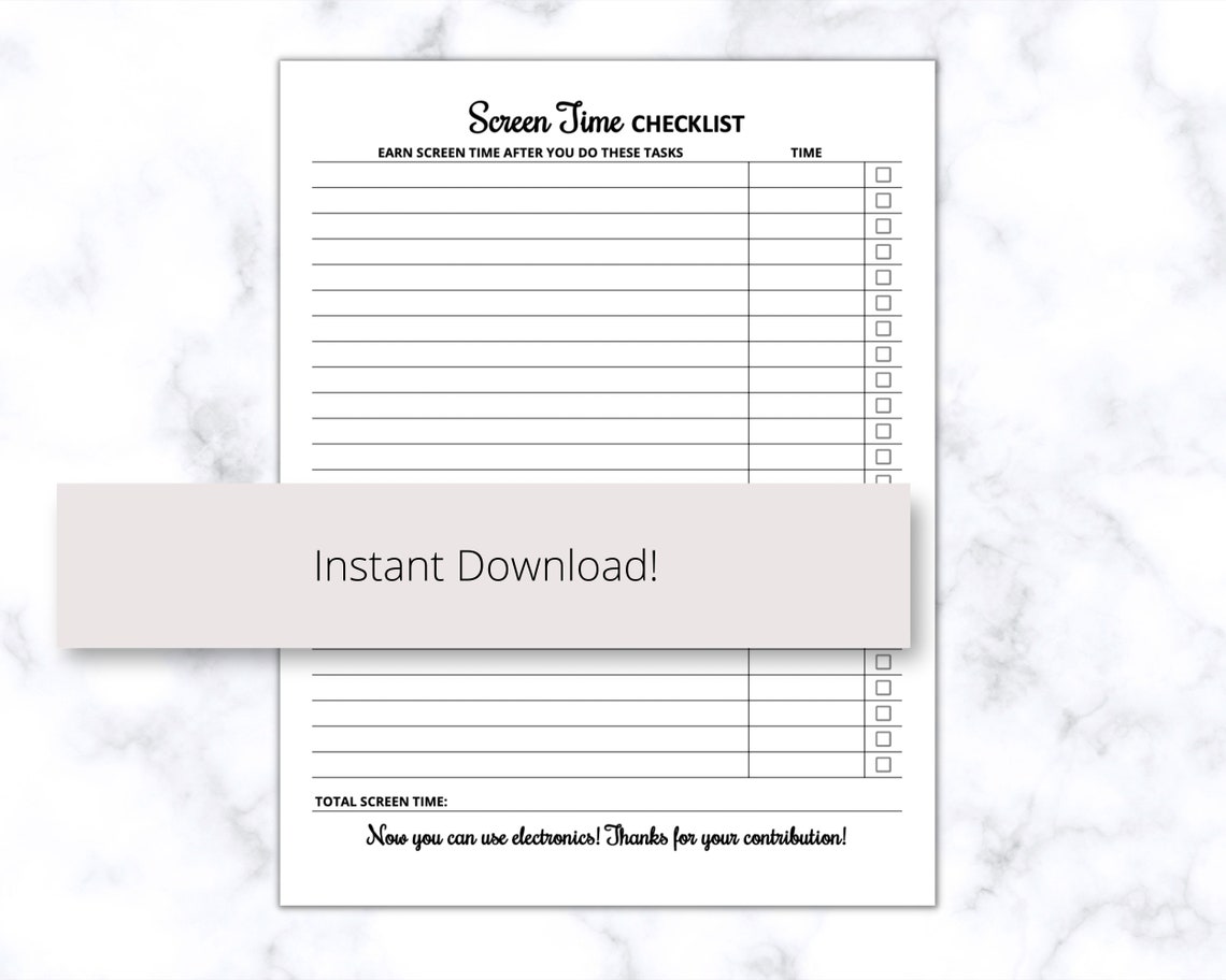 Screen Time Checklist Printable PDF, Screen Time Chore Chart, Editable ...