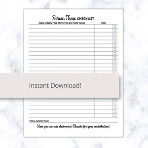 Screen Time Checklist Printable PDF, Screen Time Chore Chart, Editable ...