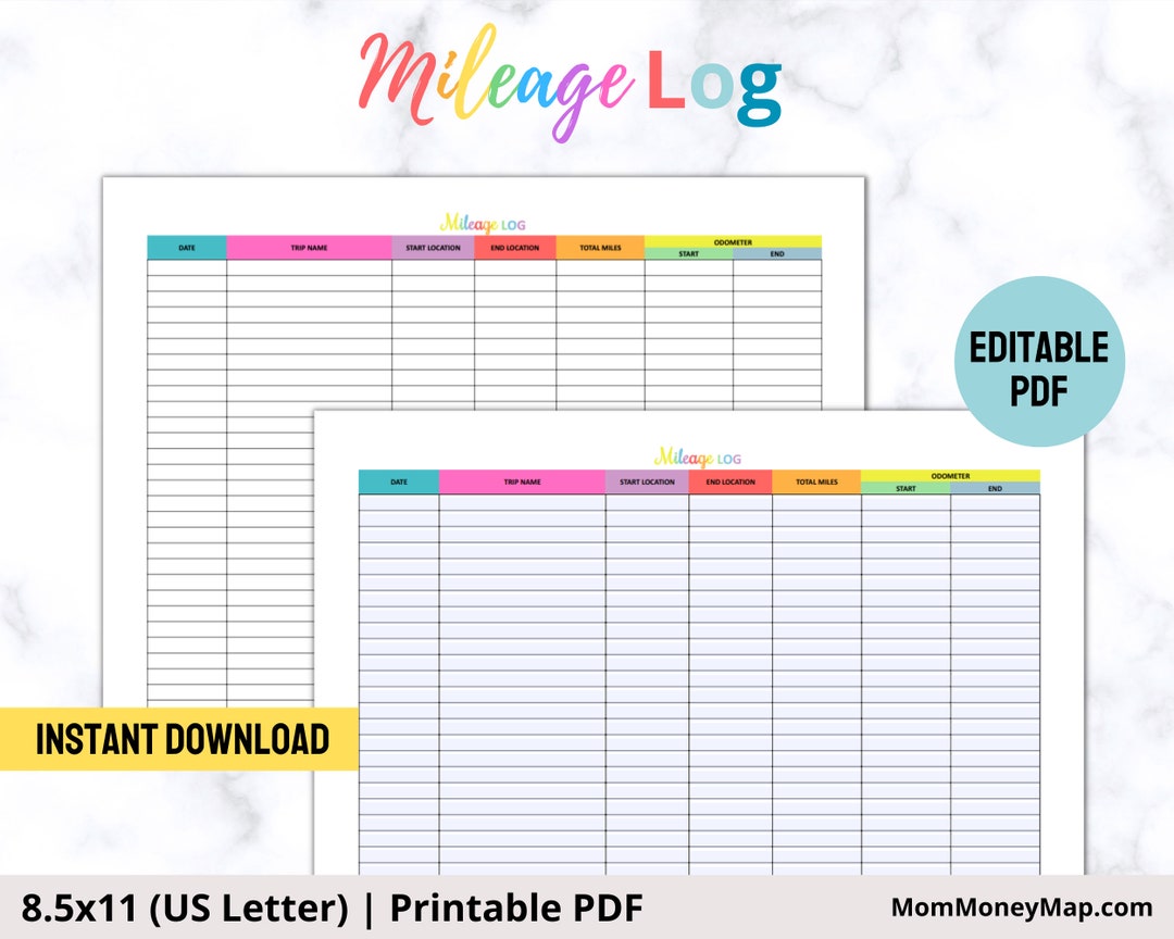 Multi-color Mileage Log Printable PDF Odometer Tracker Trip - Etsy
