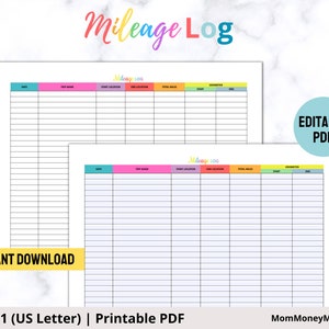 Multi-color Mileage Log Printable PDF Odometer Tracker Trip - Etsy