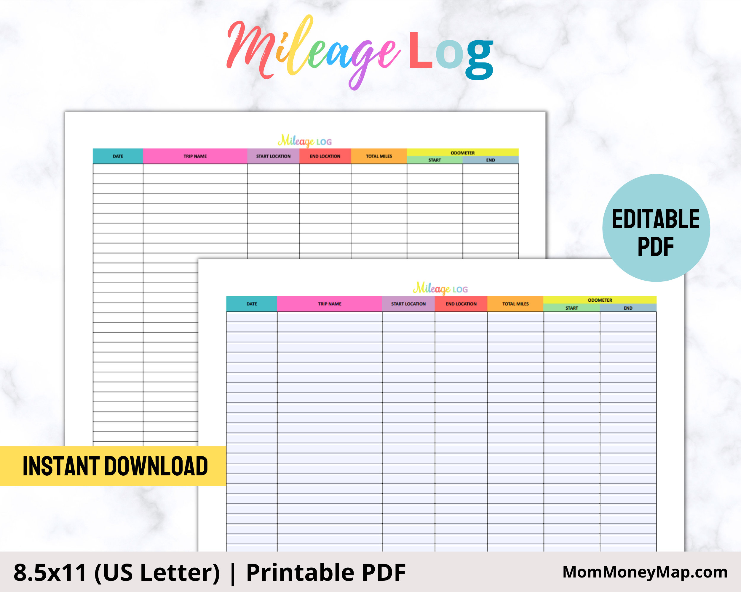 Multi-color Mileage Log Printable PDF Odometer Tracker Trip - Etsy