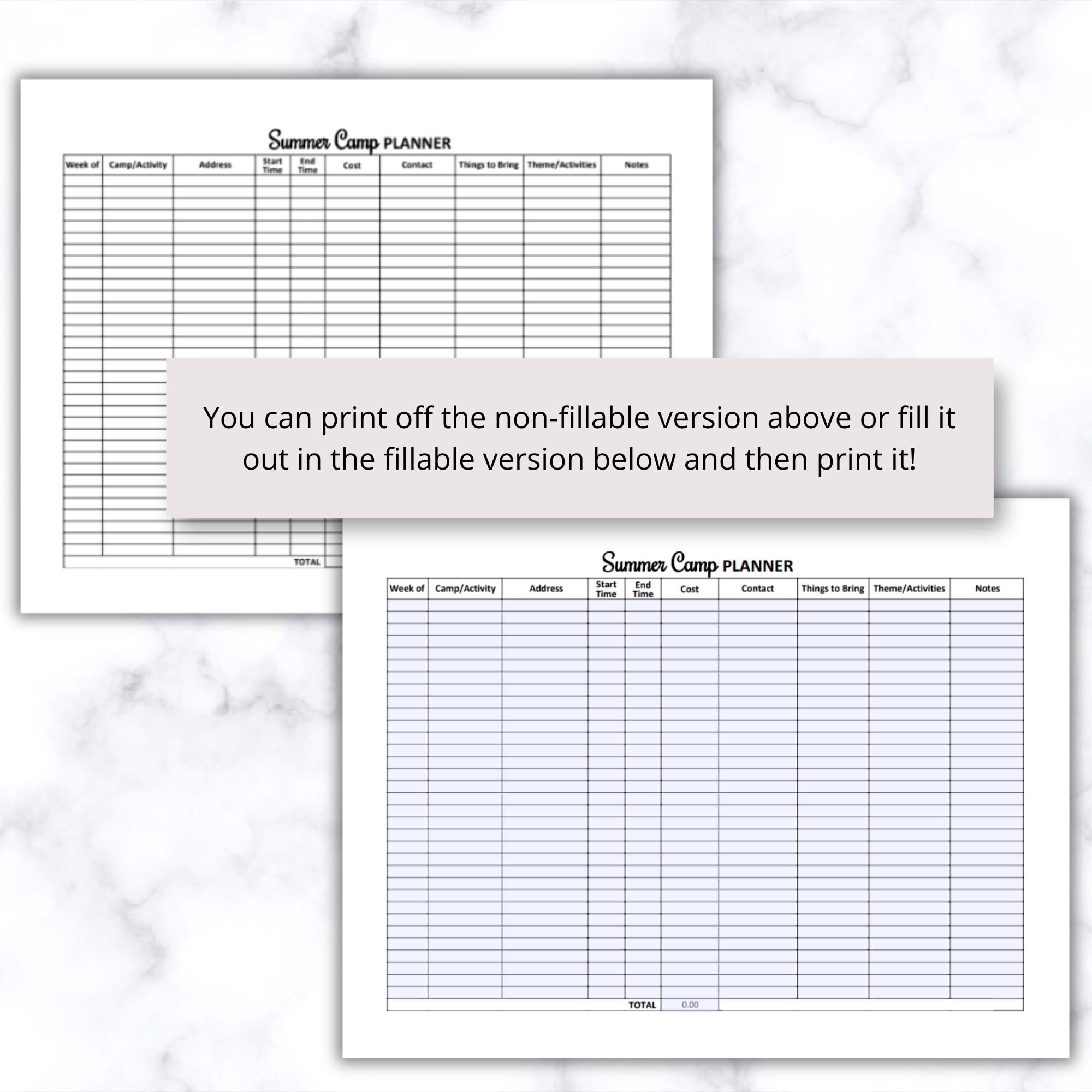 Summer Camp Planner Printable PDF, Summer Camp Organizer, Camp ...