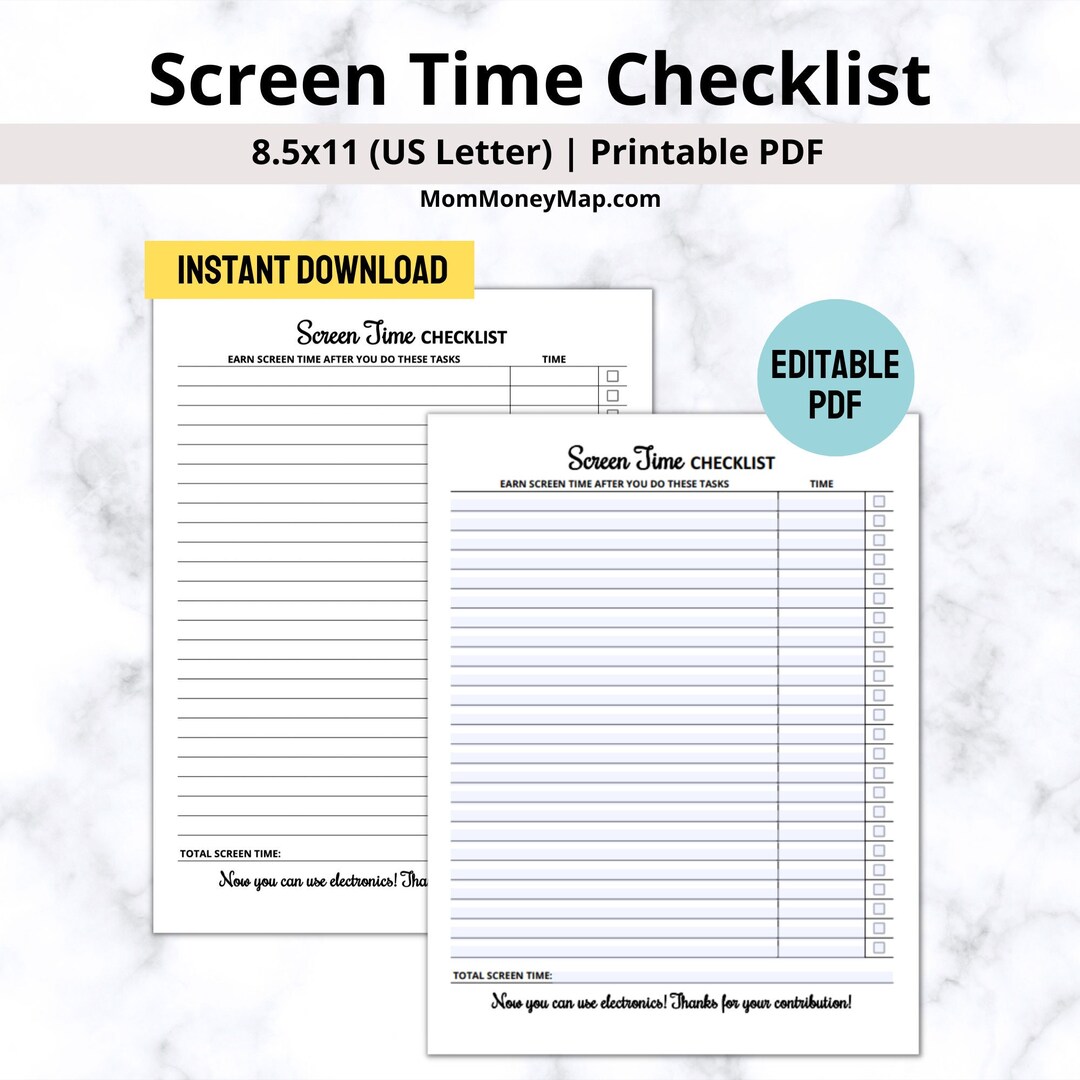 Screen Time Checklist Printable PDF, Screen Time Chore Chart, Editable ...