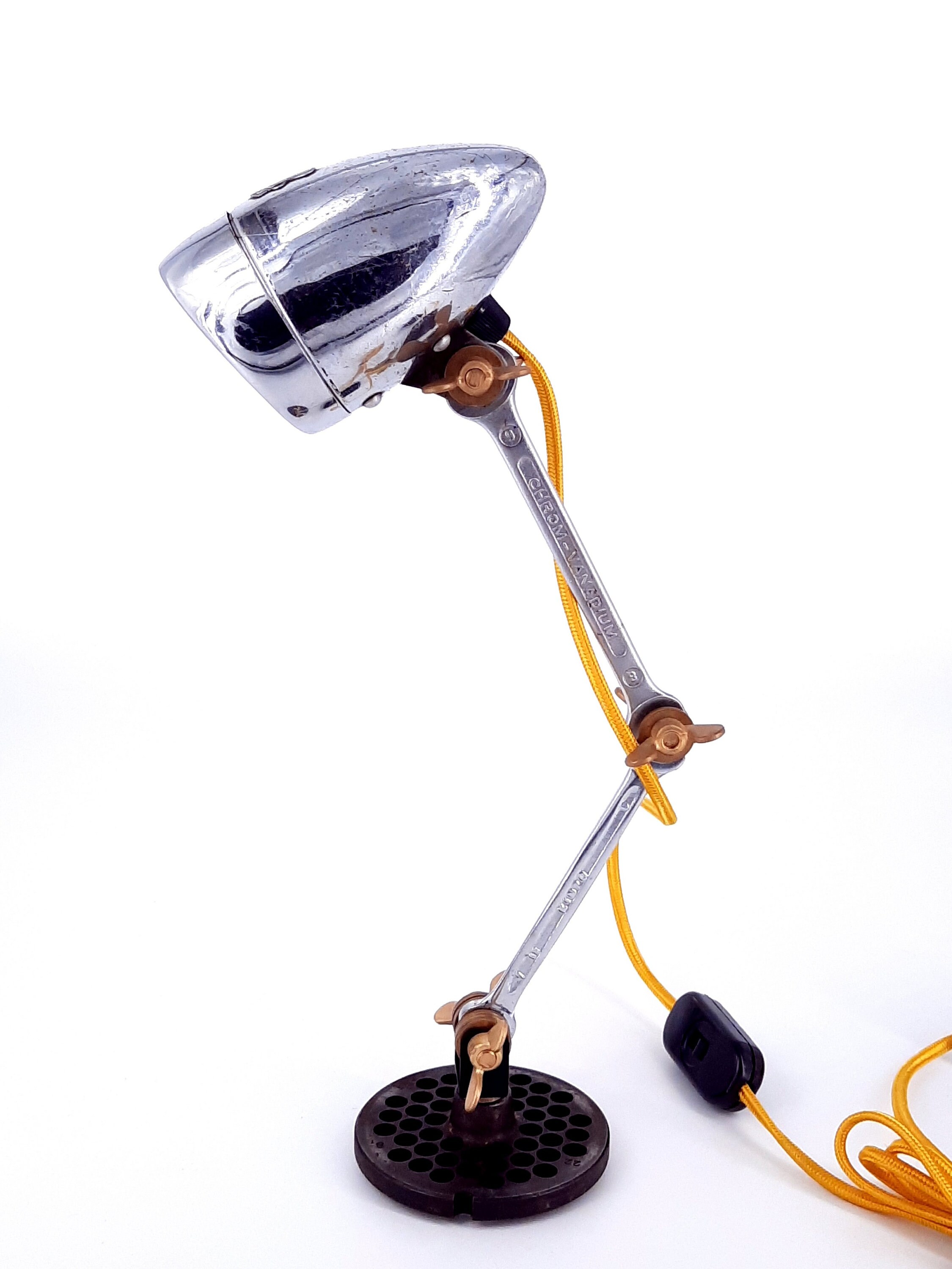 Upcycled Table Lamp From an Old Bicycle Lamp and Weight With Swivel Arm ...