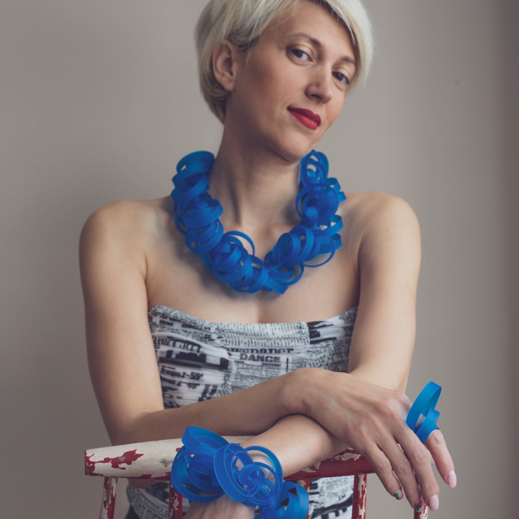 Statement Blue Necklace / Artistic Rubber Jewelry / Bright Chunky ...