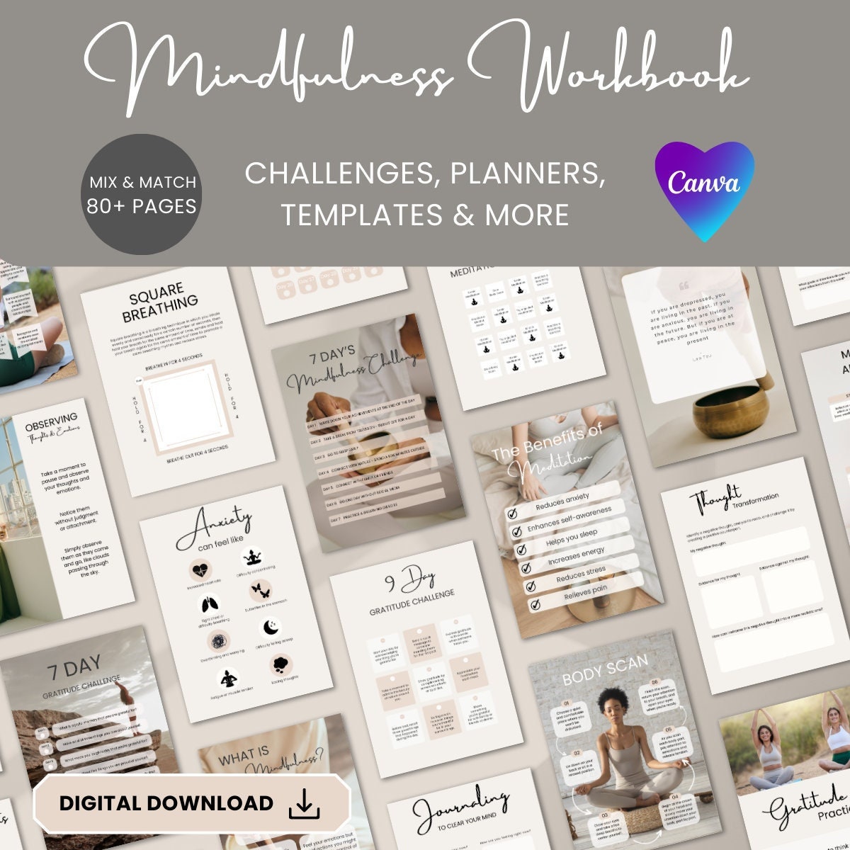 Editable Mindfulness Challenge Planner & Journal Canva Template ...