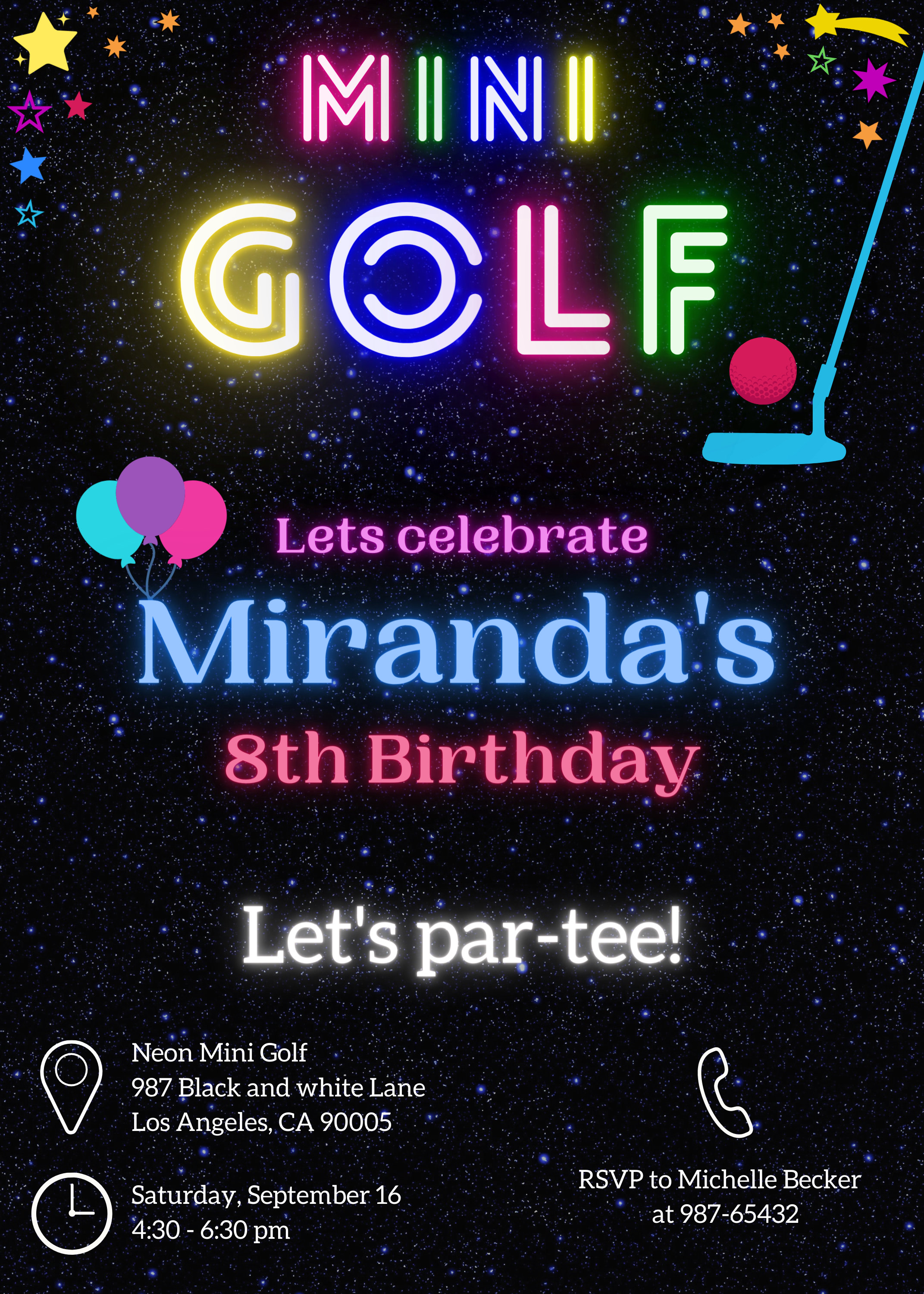 Glow in the Dark Mini Golf Birthday Party Invitation Editable Mini Golf ...