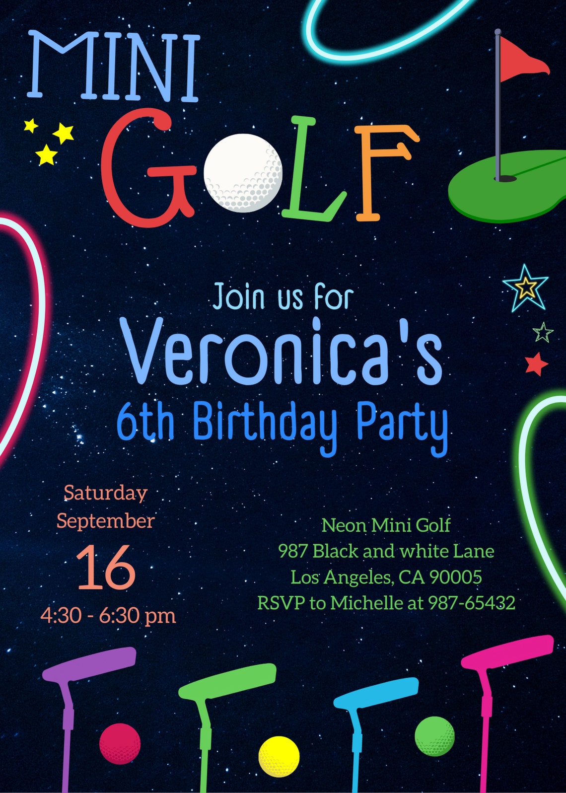 Mini Golf Birthday Party Invitation Glow in the Dark Editable Mini Golf ...