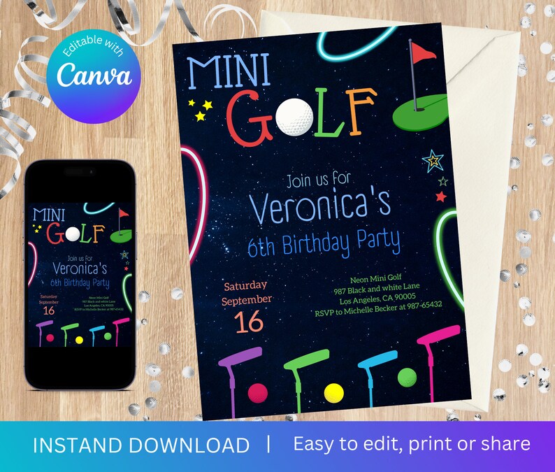 Mini Golf Birthday Party Invitation Glow in the Dark Editable - Etsy