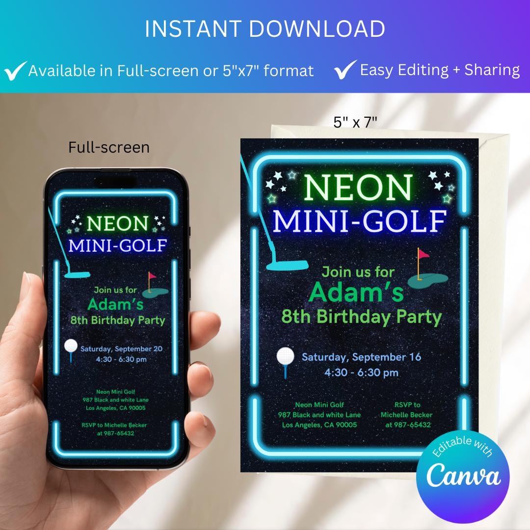 Neon Mini Golf Invitation Birthday Party Glow in the Dark Canva ...