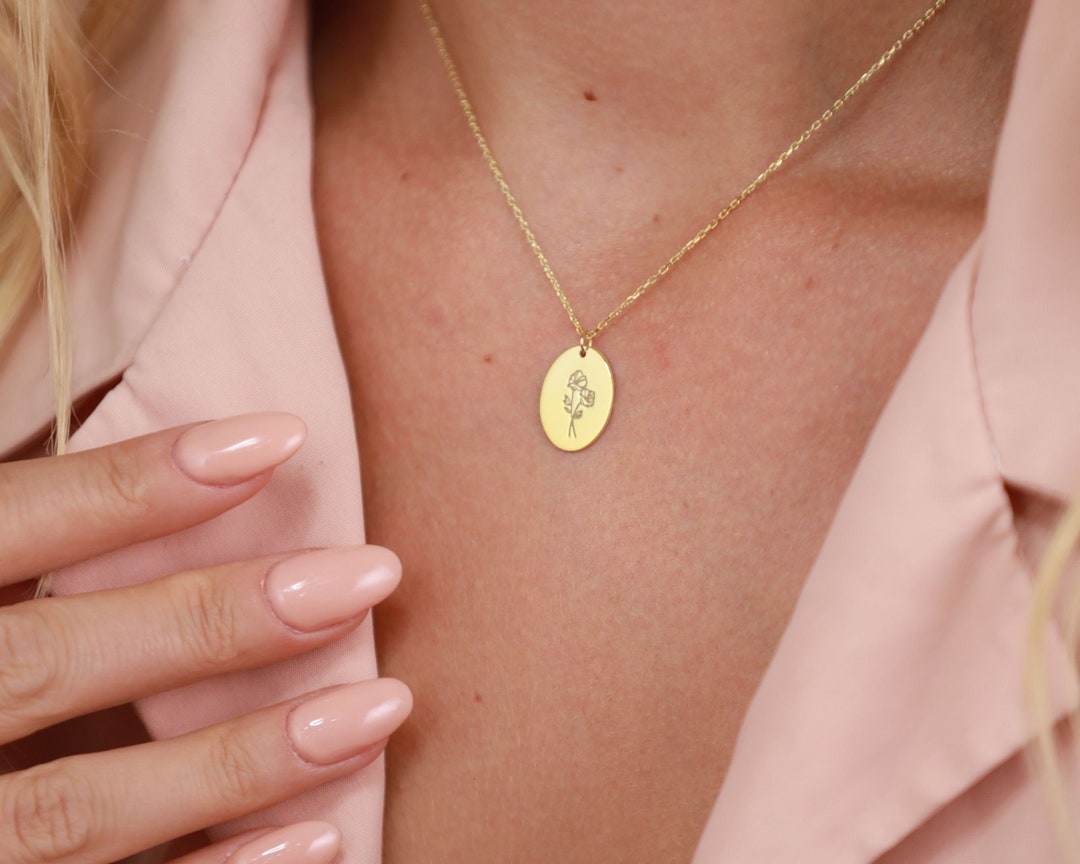 Birth Flower Gold Necklace Curb Chain - Birth Flower Jewelry - Birth ...
