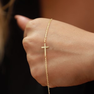 14K Gold Cross Bracelet - Dainty Cross Jewelry - Religious Bracelet ...