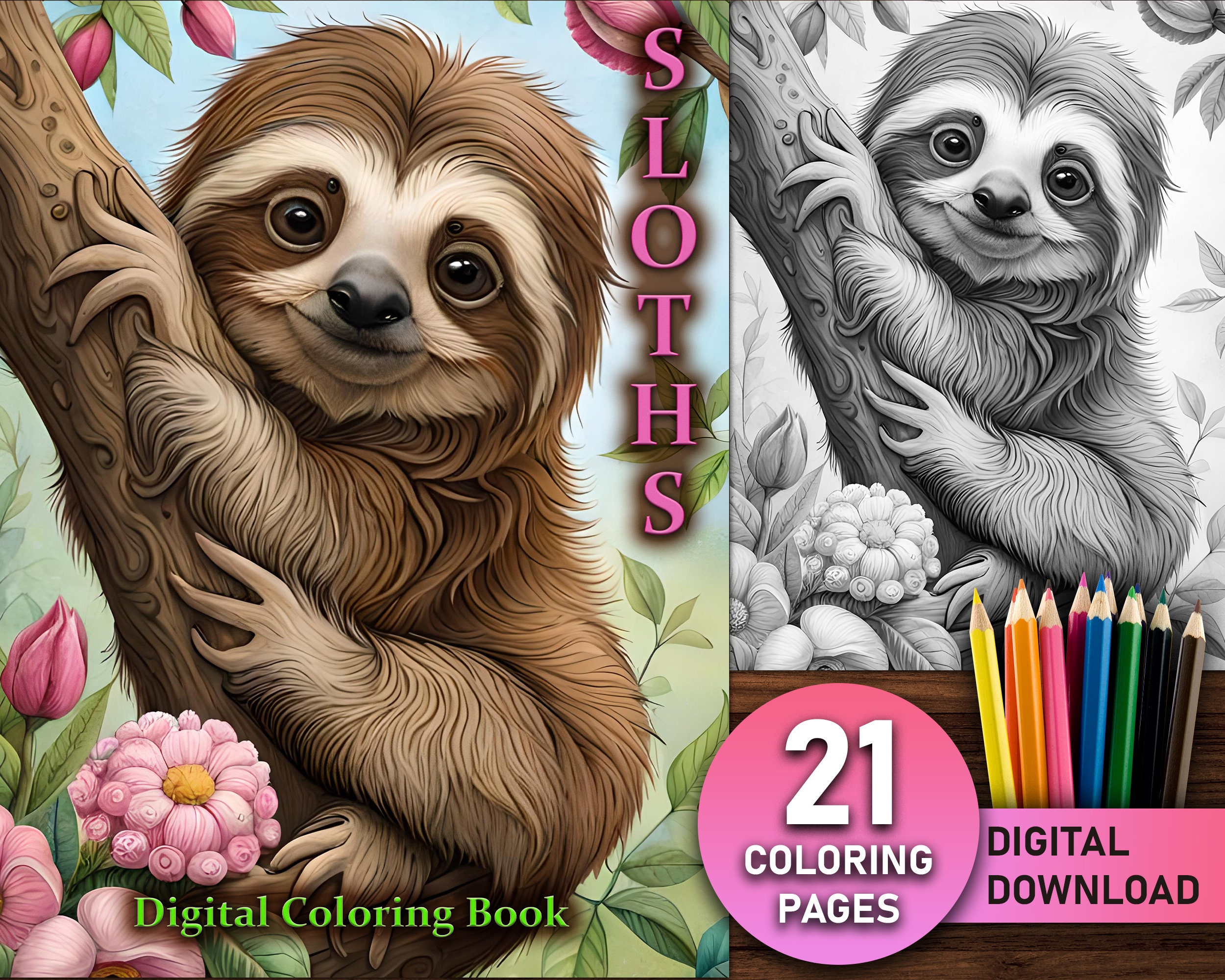 Cute Sloths Coloring Book, for Adults or Kids, Sloths Gift, Unique Gift ...